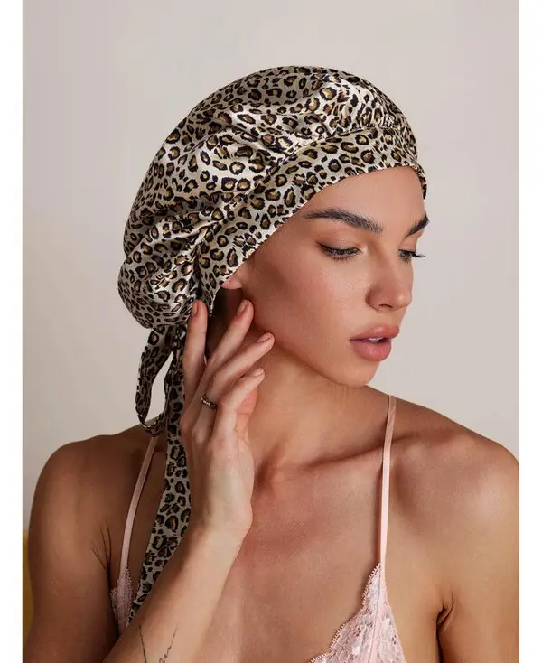 SILKSILKY Mulberry Silk Bonnet With Long Ribbons - Leopard
