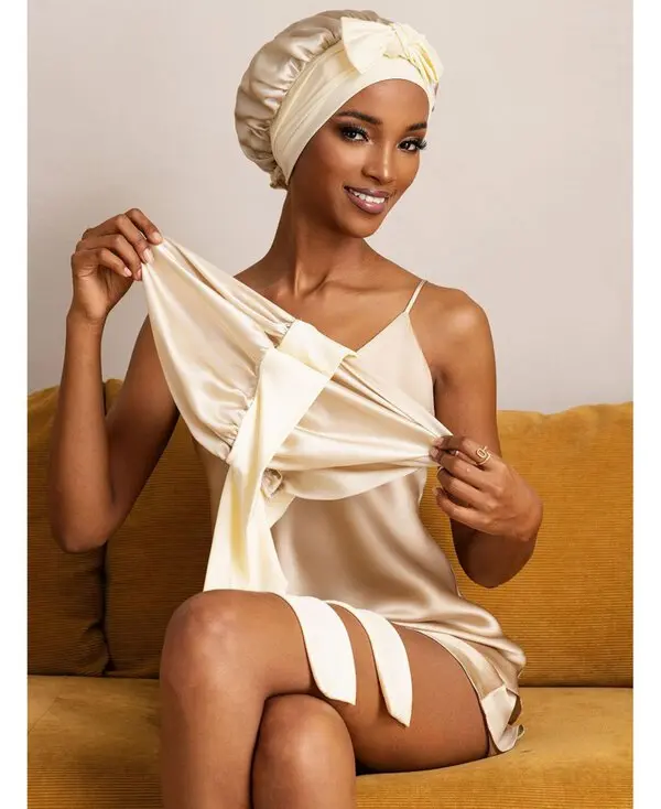 SILKSILKY Pure Silk Bonnet With Adjustable Long Tie - Beige