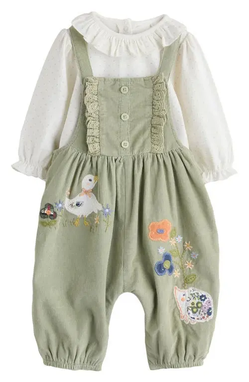 NEXT Ruffle Collar Bodysuit & Appliqué Corduroy Overalls Set - Green