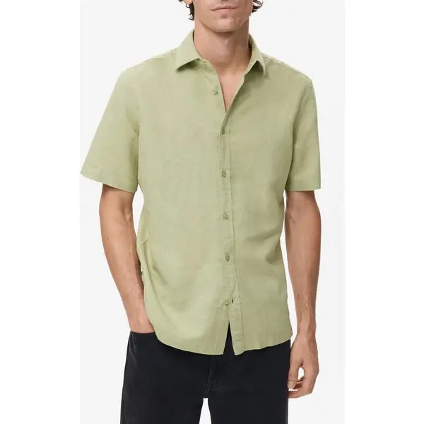 Mango Short Sleeve Linen & Cotton Button-up Shirt - Green Apple