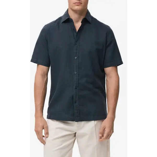 Mango Short Sleeve Linen & Cotton Button-up Shirt - Navy