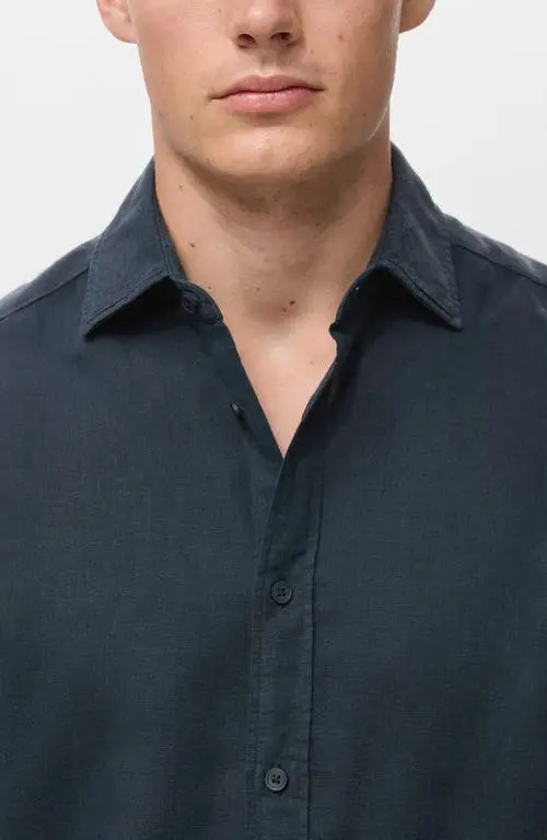 Mango Short Sleeve Linen & Cotton Button-up Shirt - Navy