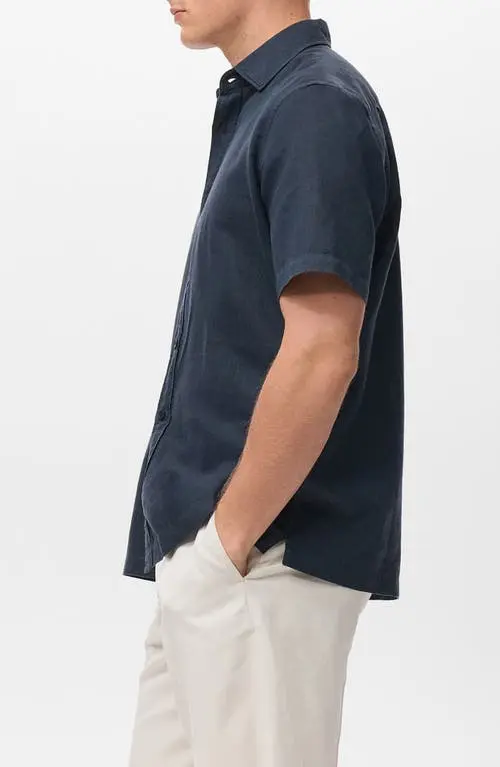 Mango Short Sleeve Linen & Cotton Button-up Shirt - Navy