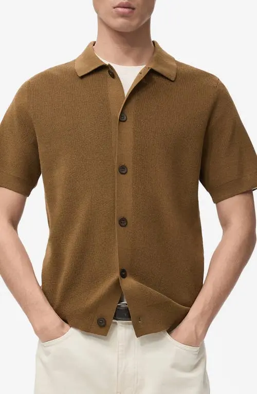 Mango Short Sleeve Knit Button-up Shirt - Tobacco Brown