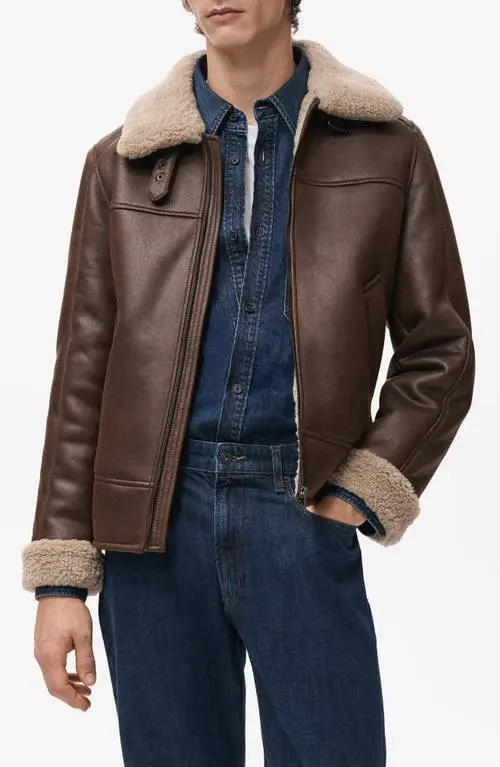 Mango Faux Shearling Flight Jacket - Tobacco Brown