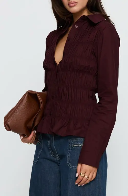 Princess Polly Cultivate Smocked Cotton Button-up Shirt - Plum