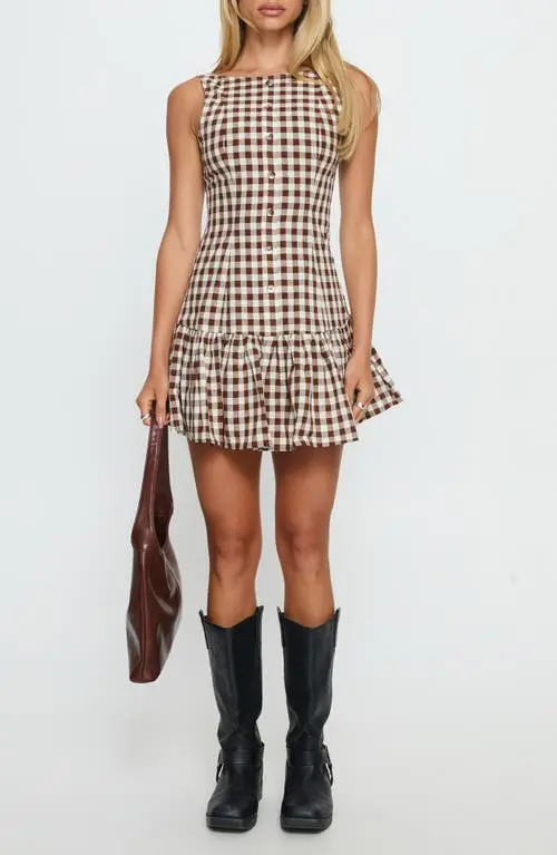 Princess Polly Gingham Sleeveless Cotton Tiered Minidress - Brown Gingham