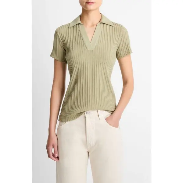Vince Johnny Collar Ribbed Top - Olive Stone