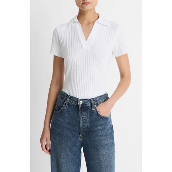 Vince Johnny Collar Ribbed Top - Optic White