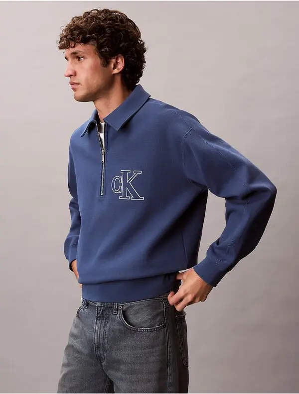 Calvin Klein Varsity Monogram Quarter Zip Sweatshirt - Dark Denim
