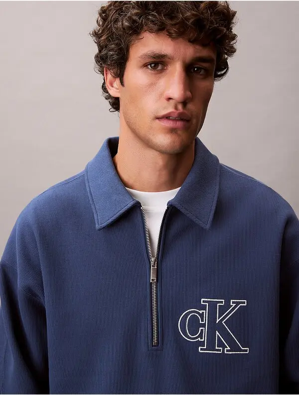 Calvin Klein Varsity Monogram Quarter Zip Sweatshirt - Dark Denim