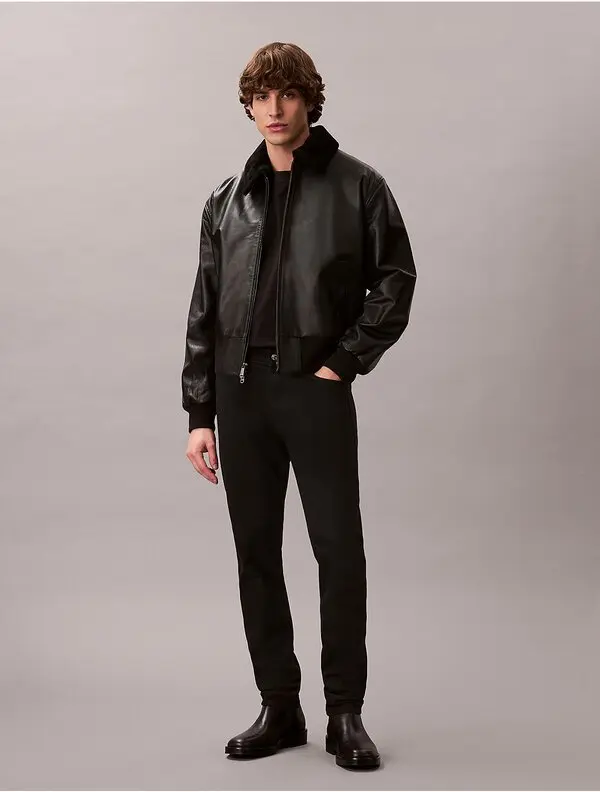 Calvin Klein Leather Bomber Jacket With Shearling Collar