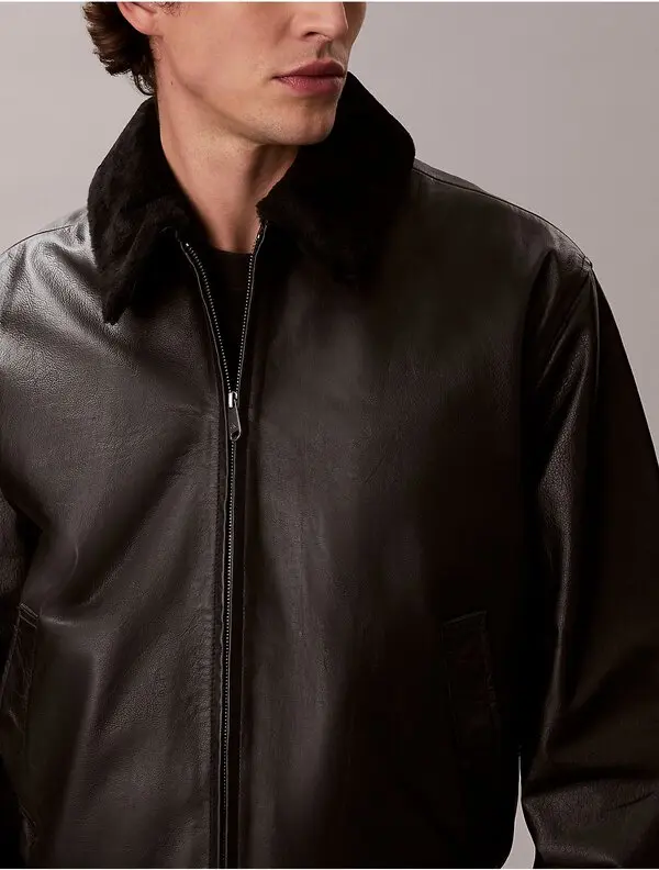 Calvin Klein Leather Bomber Jacket With Shearling Collar