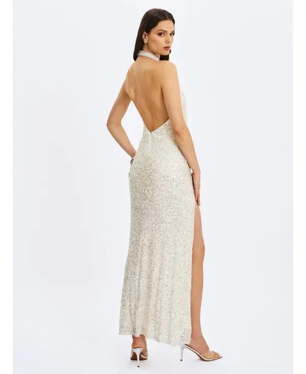 Miss Circle Beaded Cowl Halter Backless Maxi Dress In Gold - 25% Off |  Editorialist
