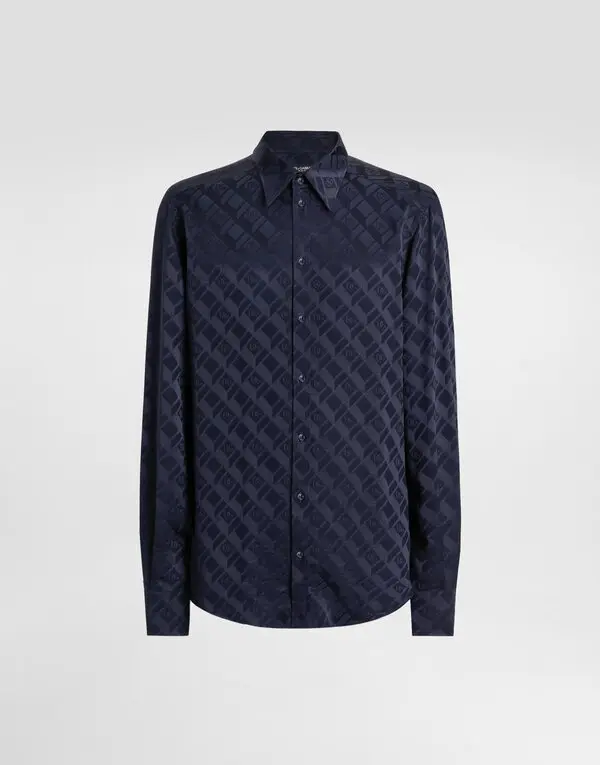 Dolce & Gabbana Martini Shirt In Logo Silk Jacquard - Blue