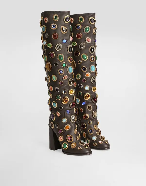 Dolce & Gabbana Calfskin Boots With Stone Embroidery