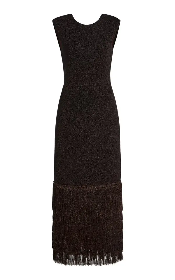 Aje Breeze Fringed Metallic-knit Midi Dress - Brown