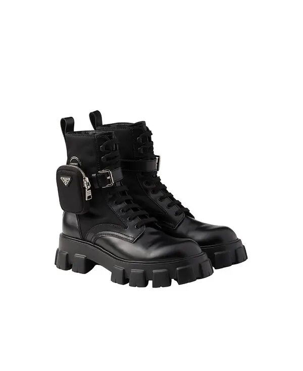 Prada Monolith Brushed Leather And Re-nylon Combat Boots With Pouch