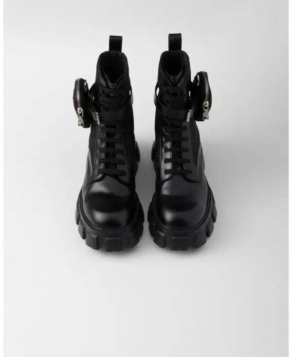 Prada Monolith Brushed Leather And Re-nylon Combat Boots With Pouch
