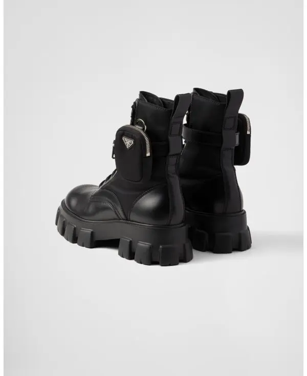 Prada Monolith Brushed Leather And Re-nylon Combat Boots With Pouch