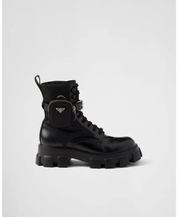 Prada Monolith Brushed Leather And Re-nylon Combat Boots With Pouch