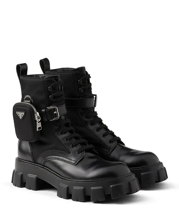 Prada Monolith Brushed Leather And Re-nylon Combat Boots With Pouch - Black