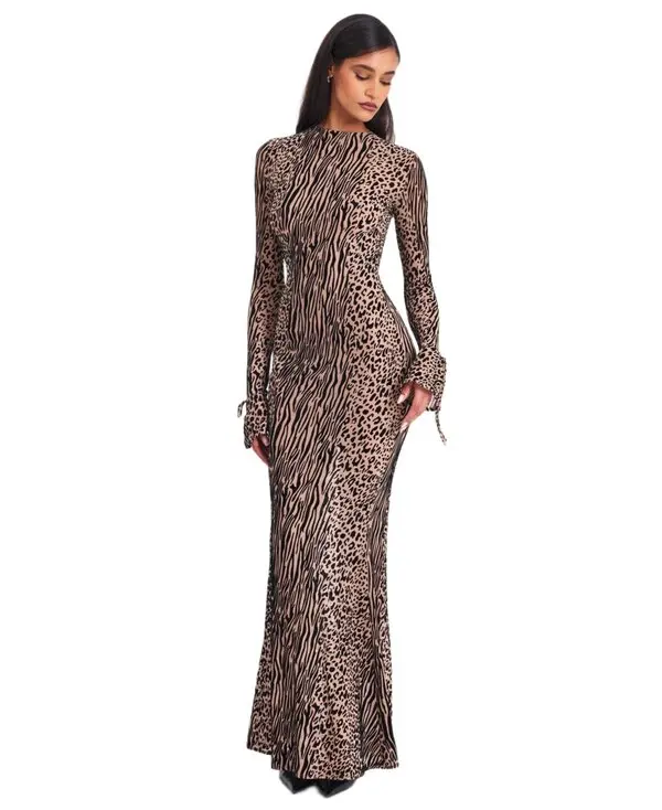 Miss Circle Velvet Burnout Detail Mesh Backless Maxi Dress - Nude |  Editorialist