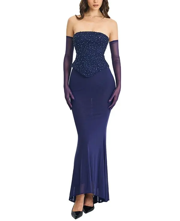 MISS CIRCLE NEW YORK Orabelle Beaded Peplum Mermaid Gown With Lace-up Back - Navy