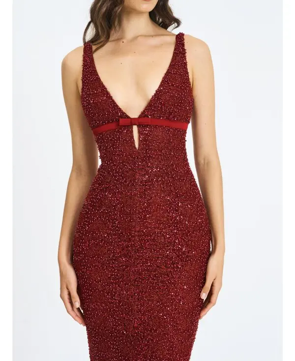 MISS CIRCLE NEW YORK Elora Sequin Beaded Maxi Dress - Crimson