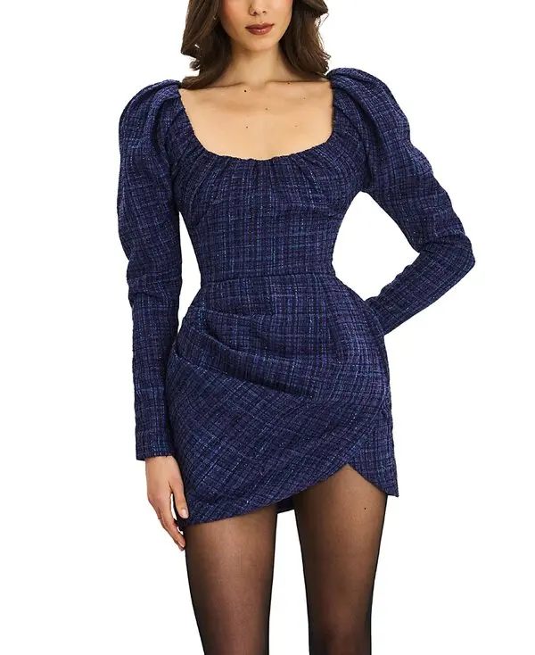 MISS CIRCLE NEW YORK Denise Tweed Ruched Puff Sleeve Mini Dress