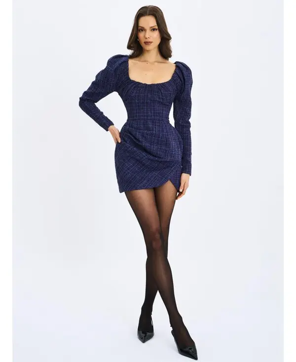 MISS CIRCLE NEW YORK Denise Tweed Ruched Puff Sleeve Mini Dress