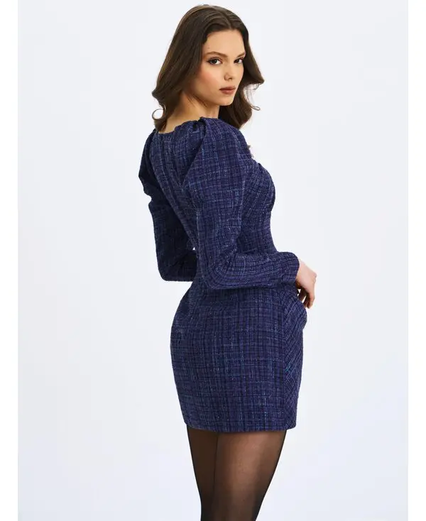 MISS CIRCLE NEW YORK Denise Tweed Ruched Puff Sleeve Mini Dress