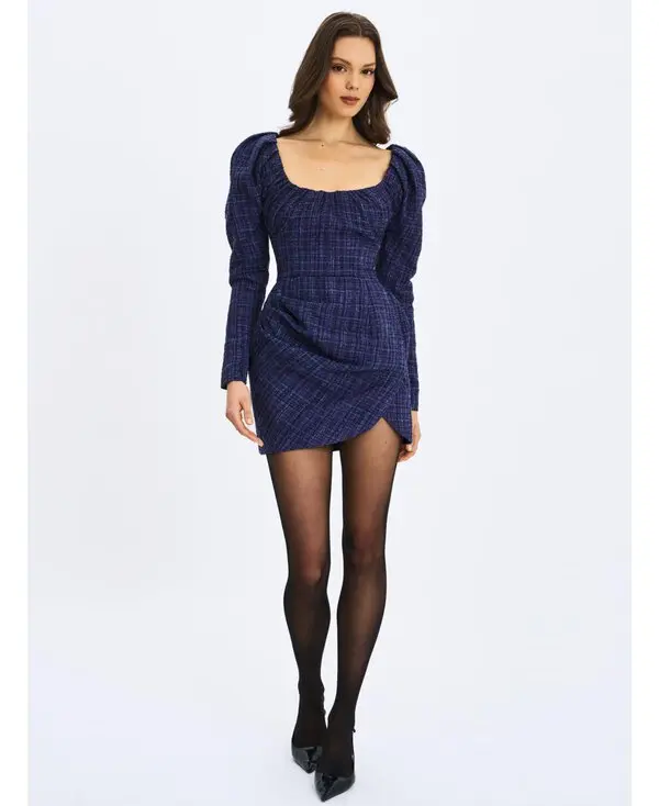 MISS CIRCLE NEW YORK Denise Tweed Ruched Puff Sleeve Mini Dress