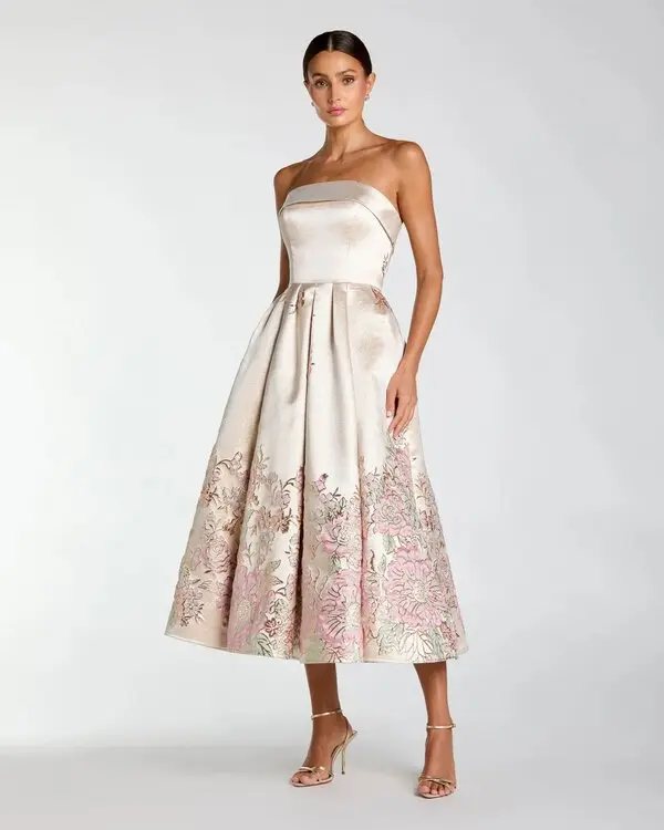 Mac Duggal Strapless Brocade A-line Midi Dress - Champagne Multi