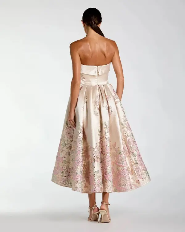 Mac Duggal Strapless Brocade A-Line Midi Dress - Champagne Multi