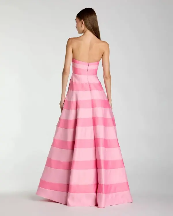 Mac Duggal Striped Strapless Satin Ballgown With Pockets - Pink Multi