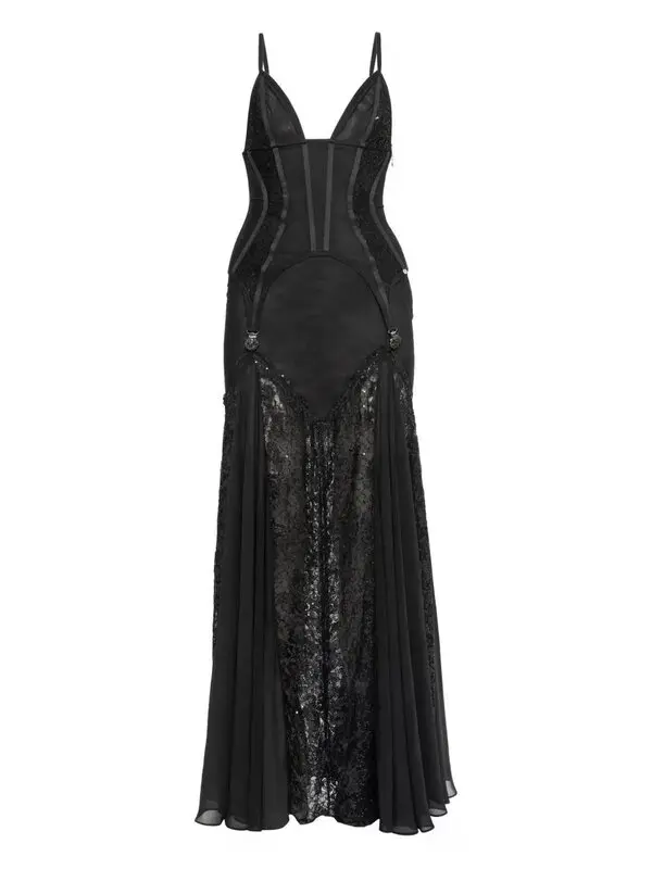 NISSA Lace-panel Corset Maxi Dress