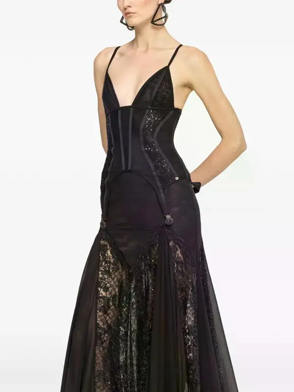 NISSA Lace-panel Corset Maxi Dress