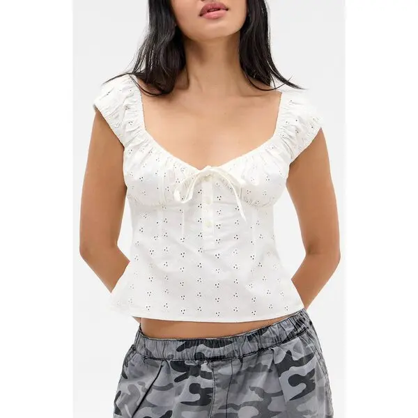 BDG URBAN OUTFITTERS Hallie Embroidered Eyelet Cotton Top - White
