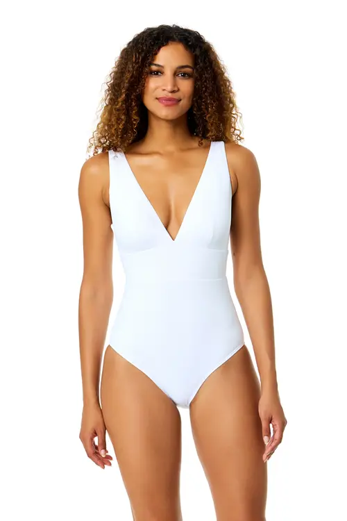 ANNE COLE Solid Plunge Front One Piece Swimsuit - White