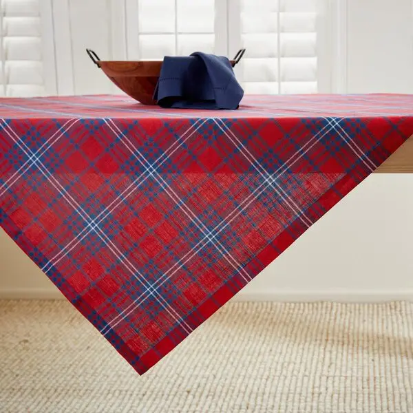 SOLINO HOME Linen Table Throw 52 X 52 Inch For Dining Table - Red And Navy