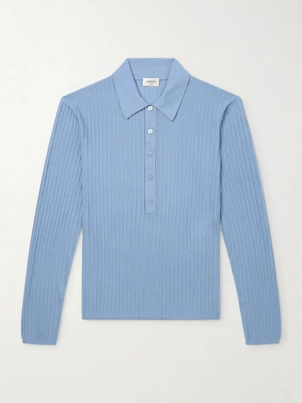 Saint Laurent Slim-fit Ribbed Wool, Cashmere And Silk-blend Polo Shirt - Blue