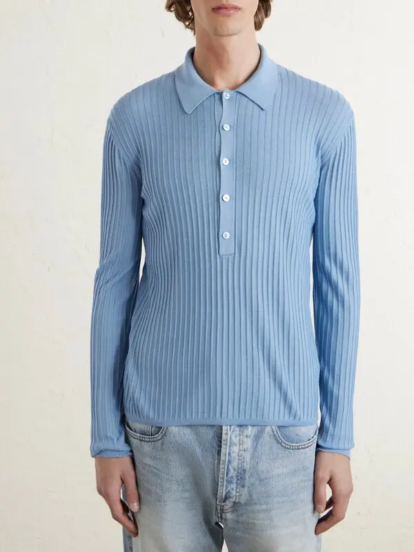 Saint Laurent Slim-fit Ribbed Wool, Cashmere And Silk-blend Polo Shirt - Blue