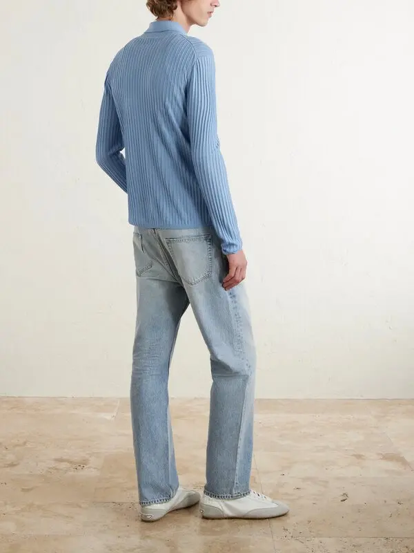 Saint Laurent Slim-fit Ribbed Wool, Cashmere And Silk-blend Polo Shirt - Blue