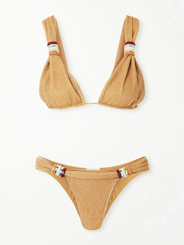 Oseree Lumière Embellished Metallic Triangle Bikini - Gold