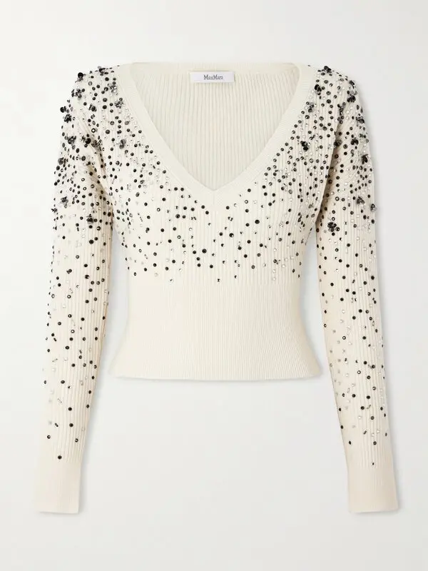 Max Mara Cropped Embellished Ribbed Wool-blend Sweater - Ivory