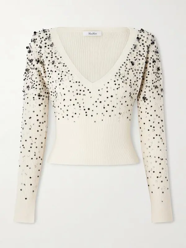 Max Mara Cropped Embellished Ribbed Wool-blend Sweater - Neutrals