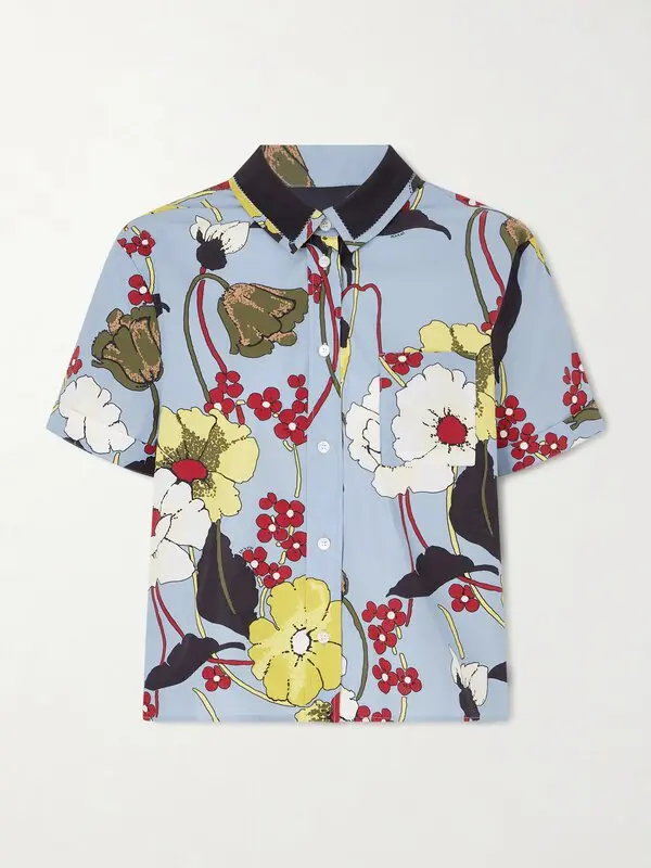 Marni Cropped Floral-print Cotton-poplin Shirt - Blue