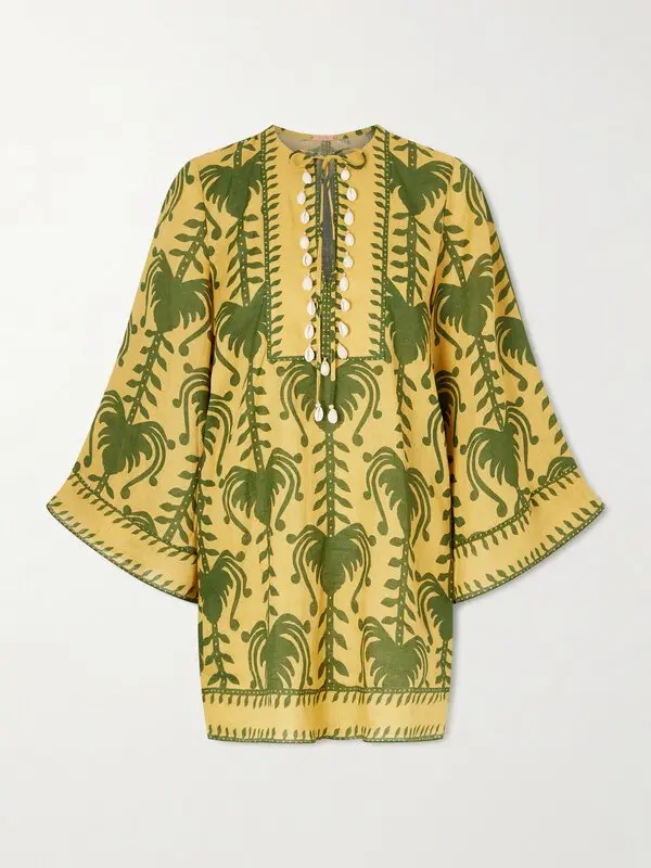 Johanna Ortiz Wild Savannah Shell-embellished Linen Mini Dress - Yellow