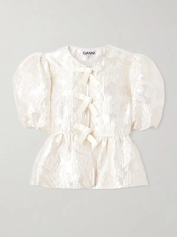 GANNI Bow-detailed Cloqué Peplum Blouse